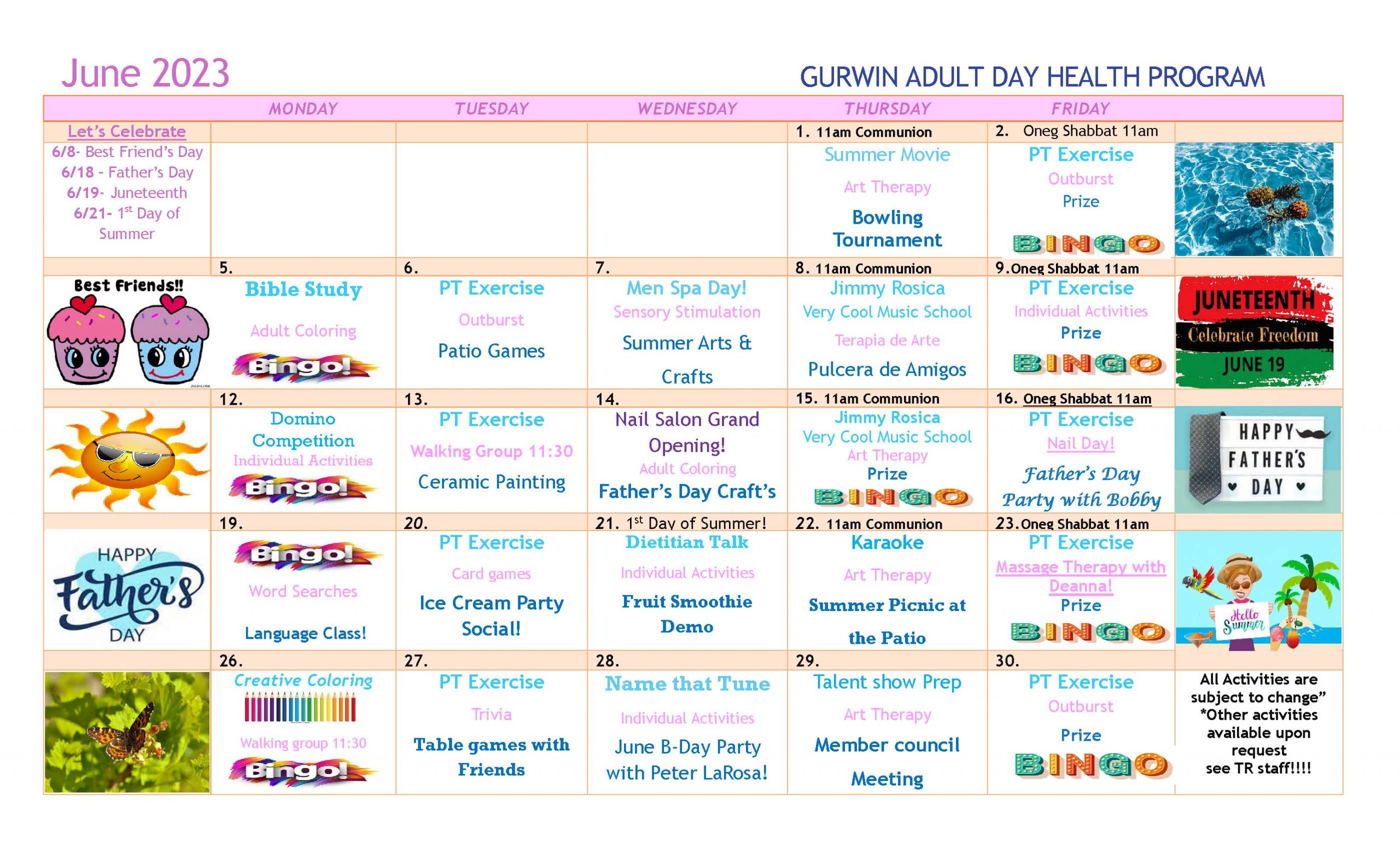 Adult Day Health Program Activities Calendar | Gurwin