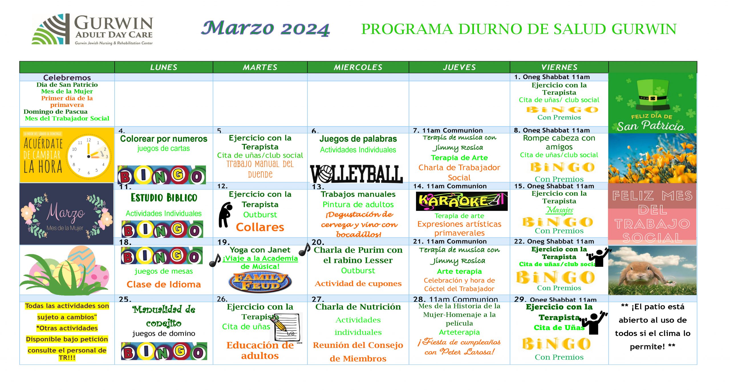 Adult Day Health Program Activities Calendar | Gurwin
