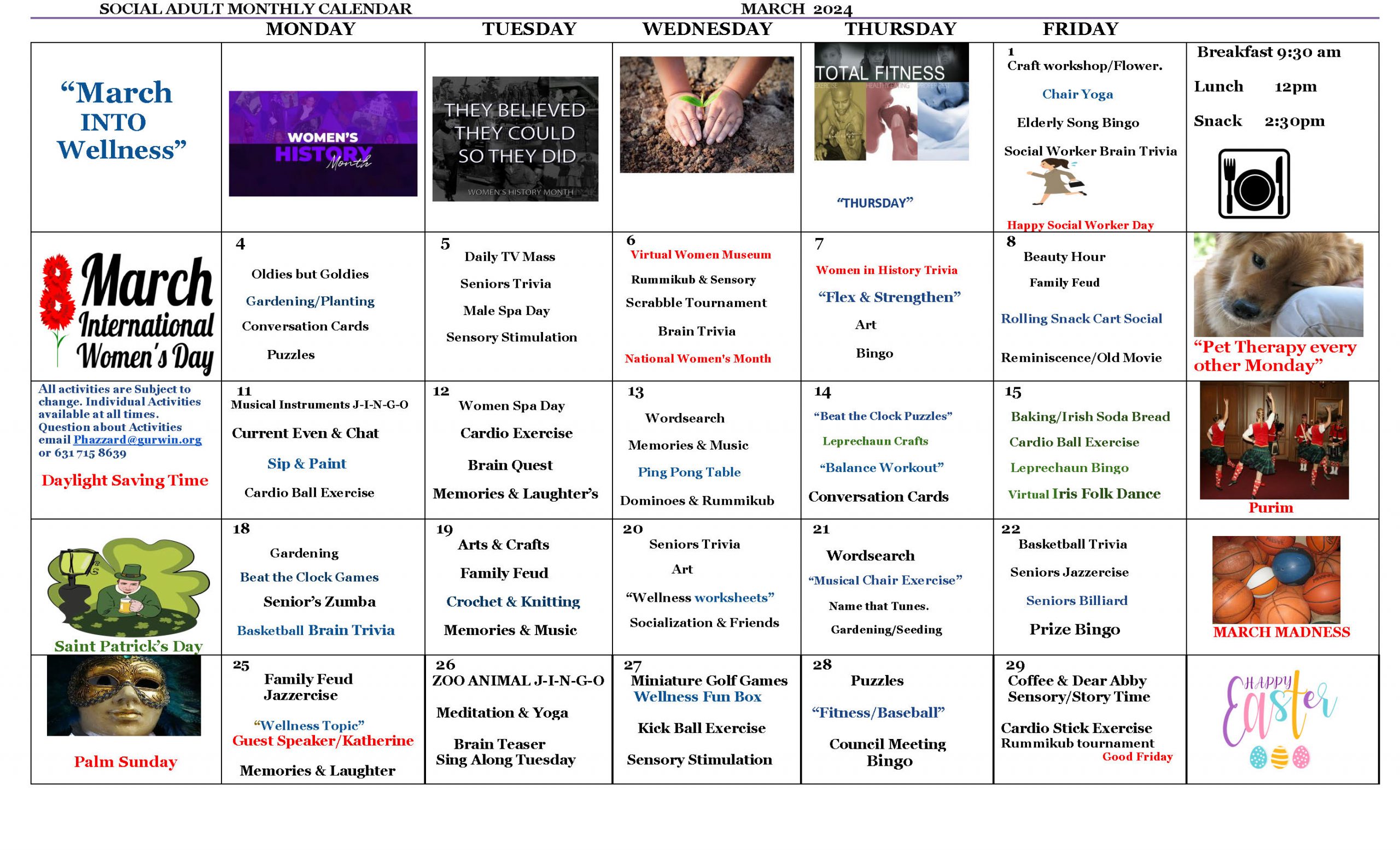 Adult Day Health Program Activities Calendar | Gurwin