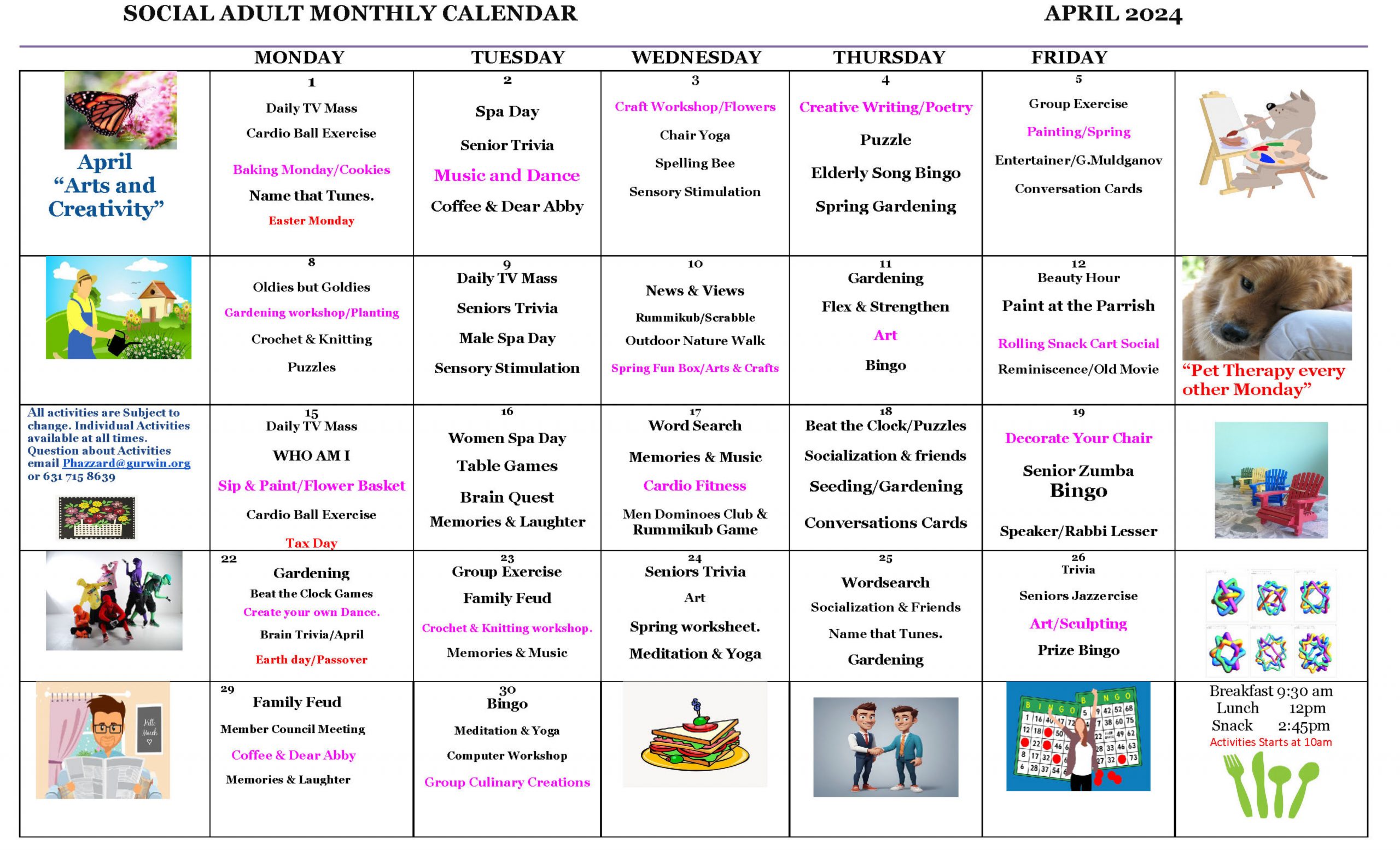Adult Day Health Program Activities Calendar | Gurwin