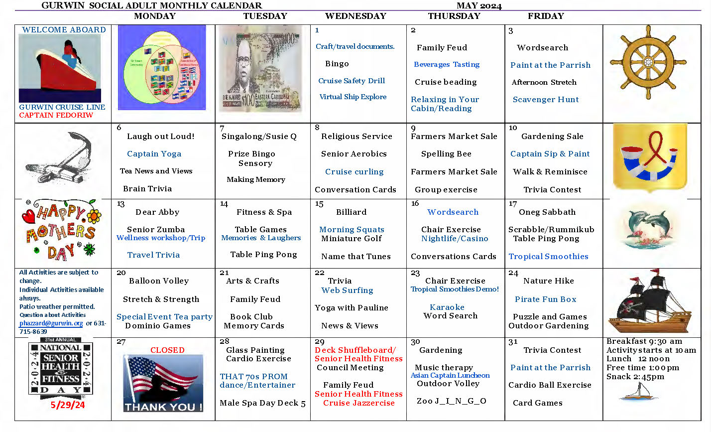 Adult Day Health Program Activities Calendar | Gurwin