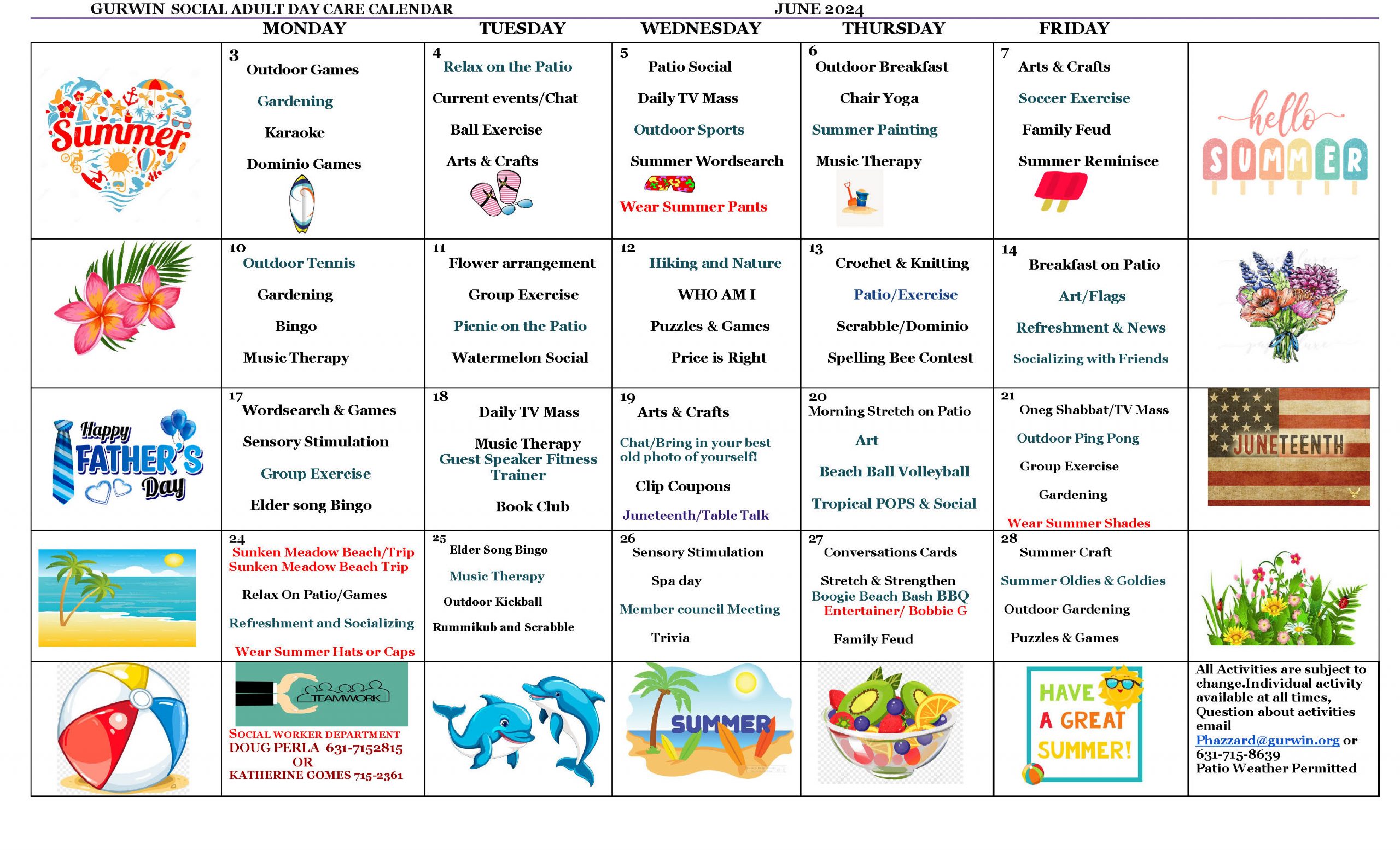 Adult Day Health Program Activities Calendar | Gurwin