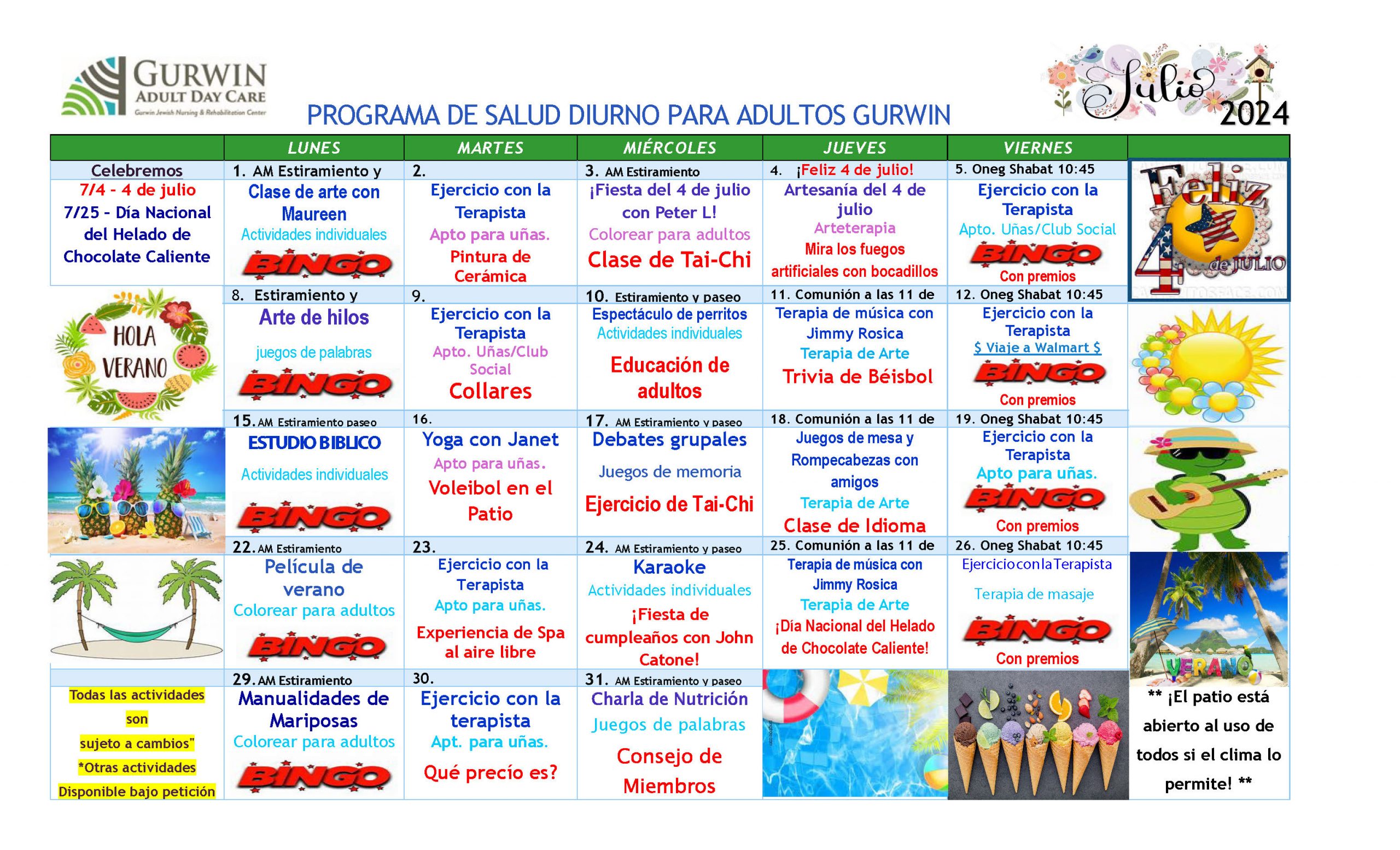 Adult Day Health Program Activities Calendar | Gurwin